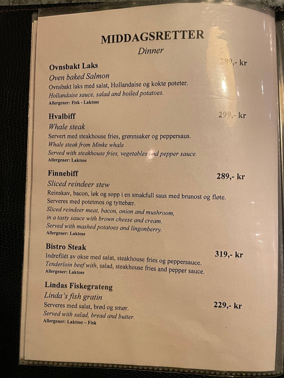 Menu at Kaia pub & bar, Tromsø