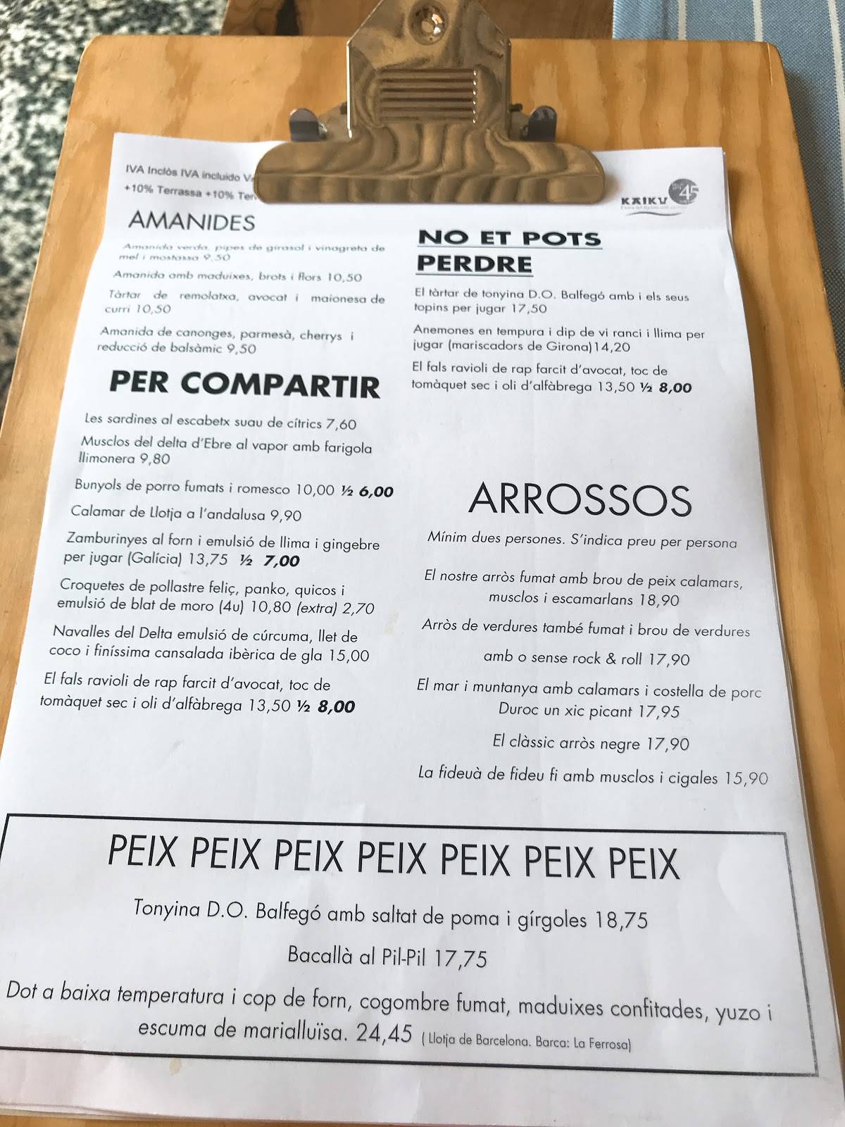 Carta del restaurante Kaiku, Barcelona