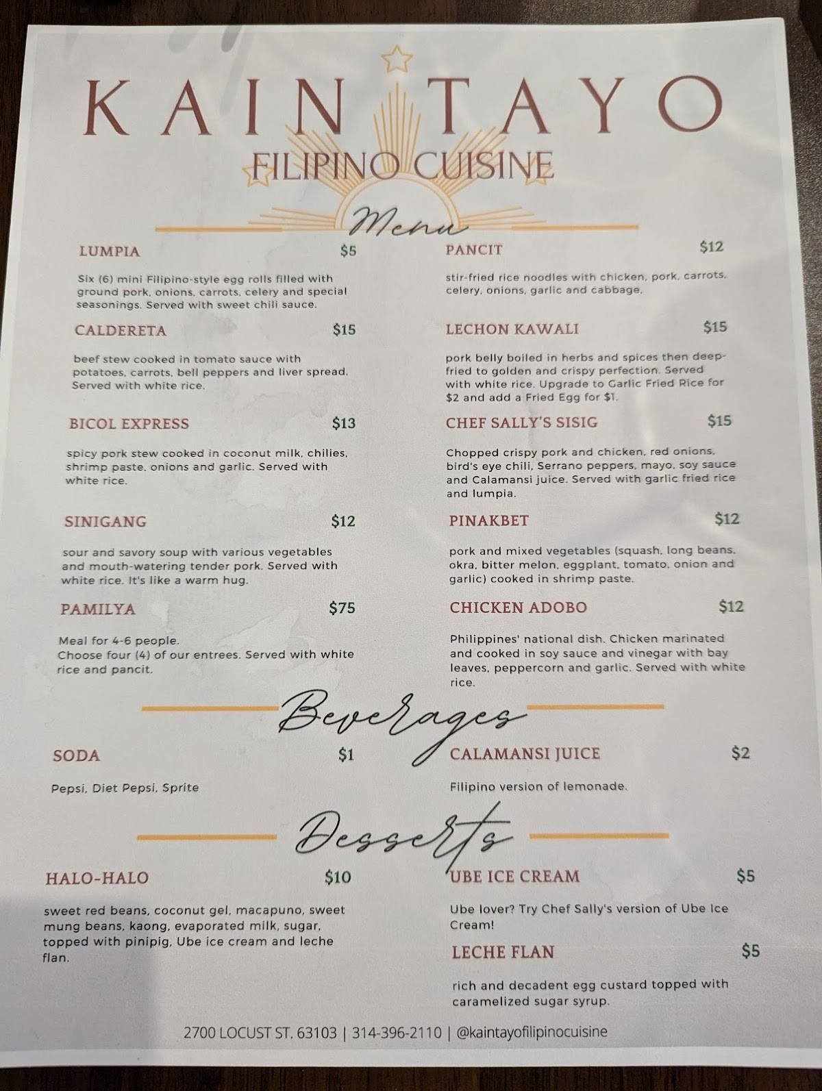 Menu at Kain Tayo Filipino Cuisine Restaurant, St. Louis