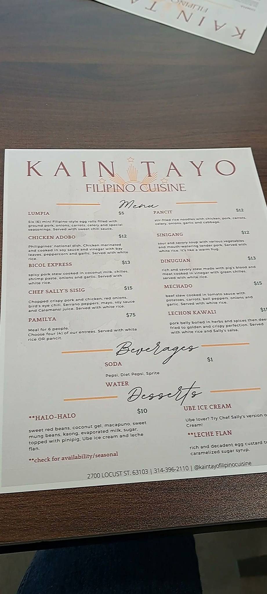 Menu at Kain Tayo Filipino Cuisine Restaurant, St. Louis