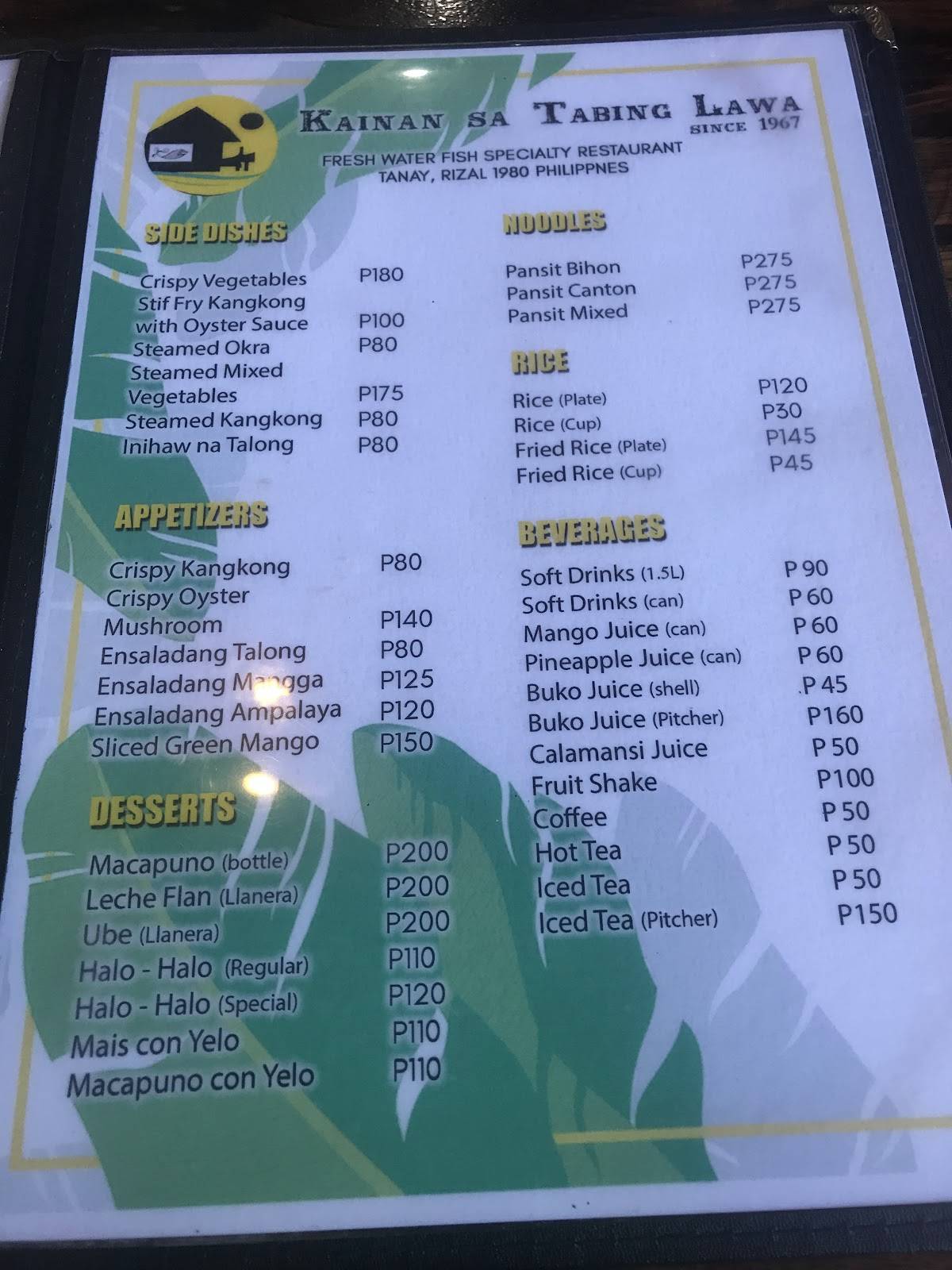 Menu at Kainan Sa Tabing Lawa Restaurant, Tanay, F7WH+649