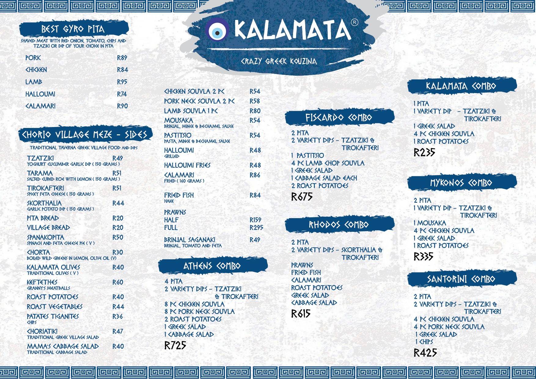 Menu at Kalamata Kouzina restaurant, Durban