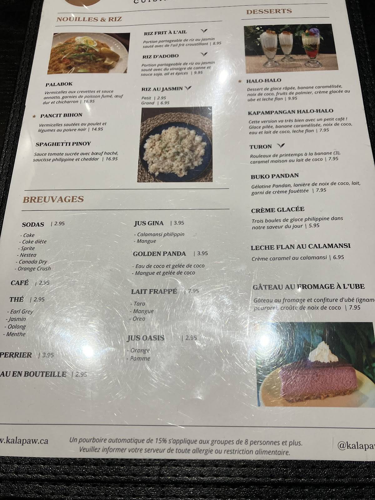 Menu at Kalapaw Cuisine Philippine restaurant, Dollard-Des Ormeaux