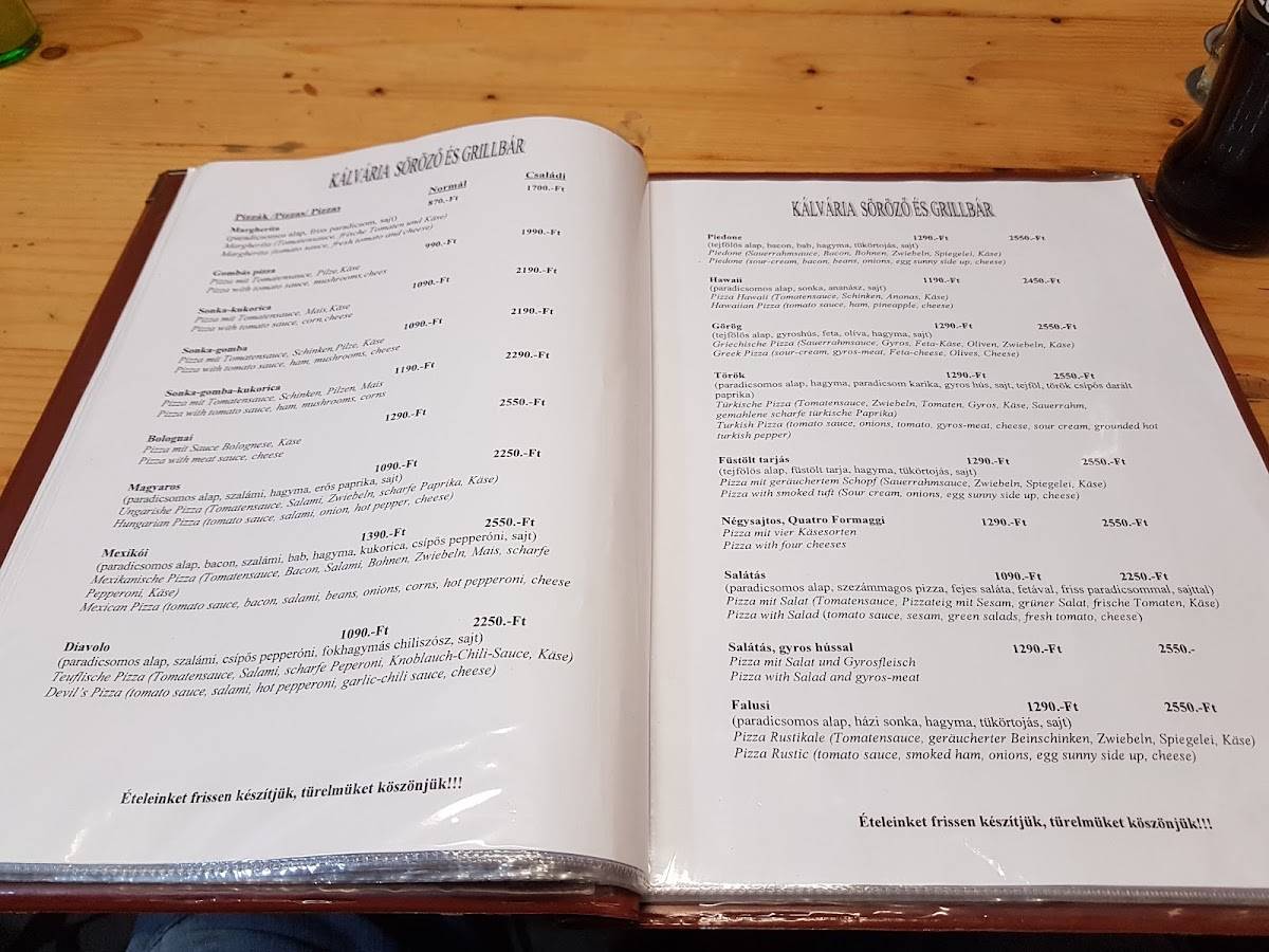 Menu at Kálvária Pizzéria és Grillbár restaurant, Csákvár