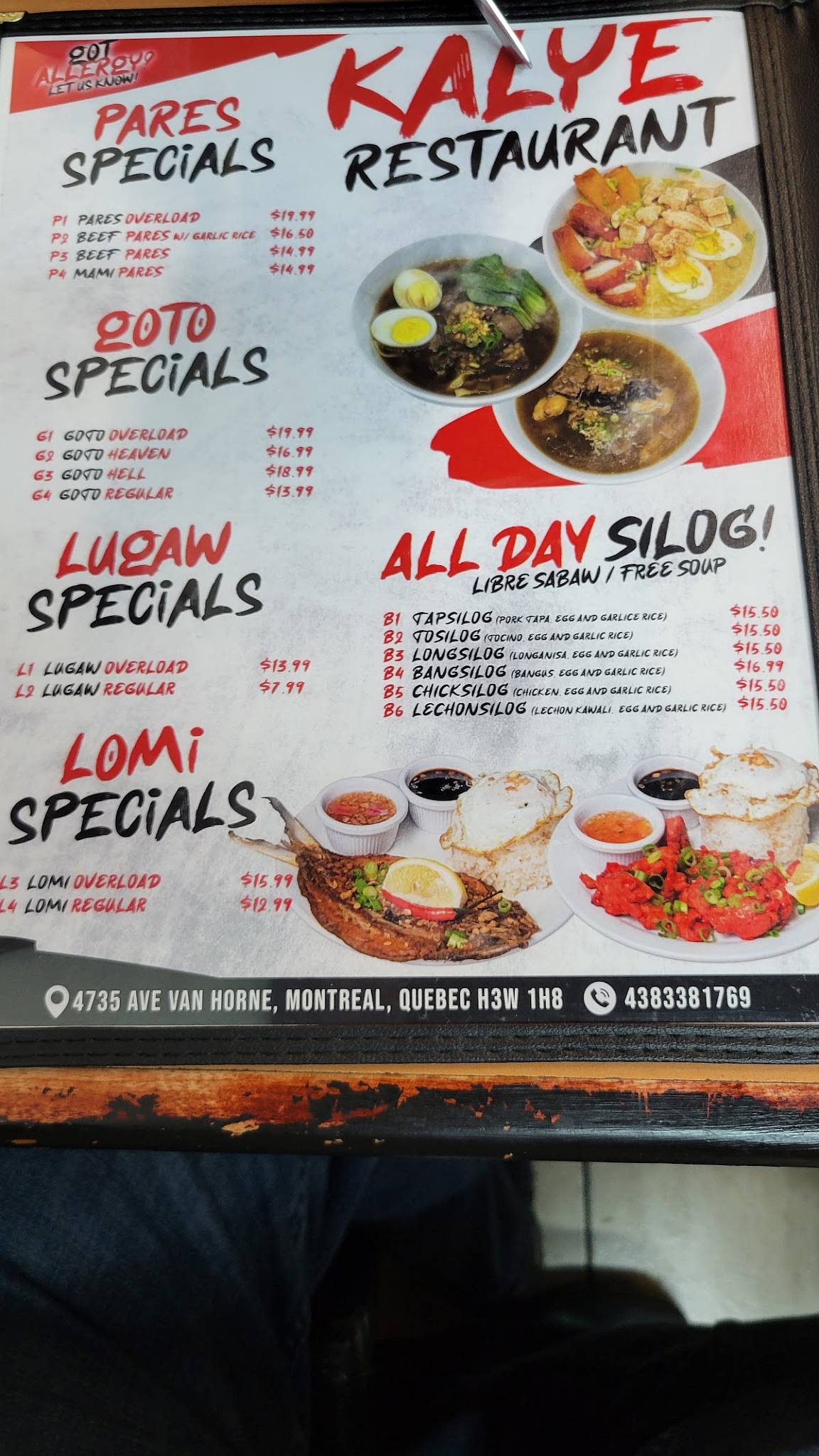 Menu au Kalye Restaurant, Montréal
