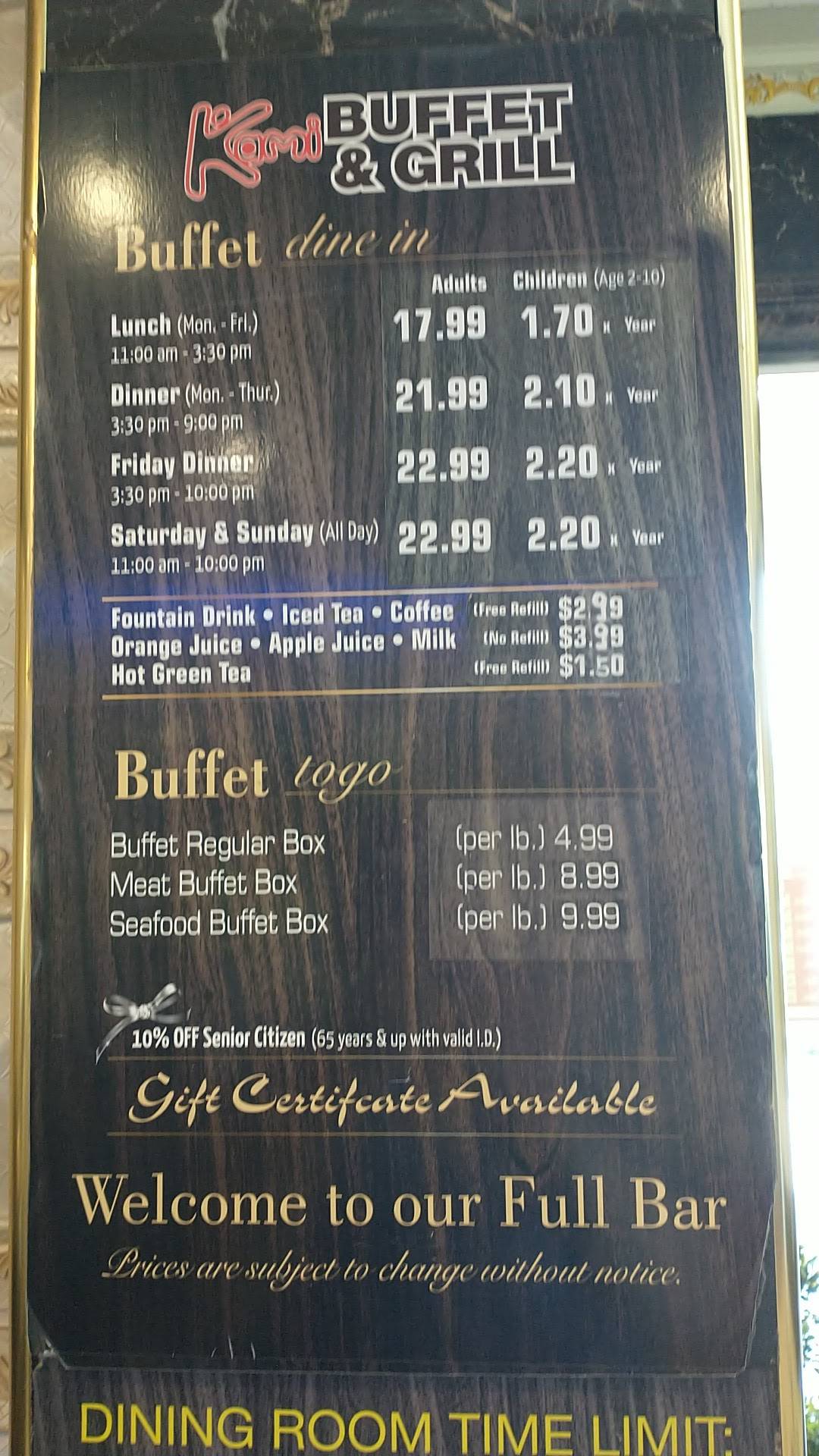 Menu at Kami Buffet & Grill restaurant, Rosemead