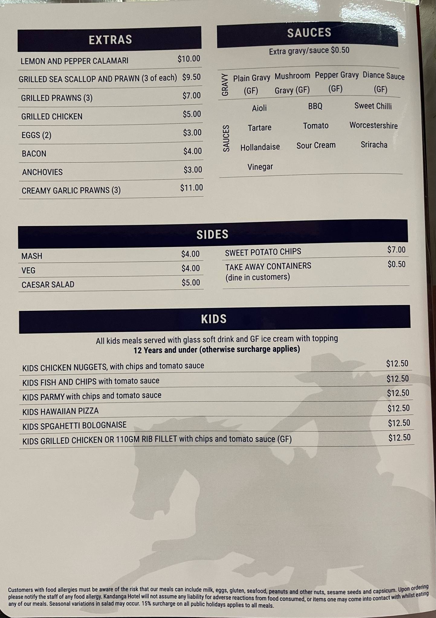 Menu at Kandanga pub, Kandanga