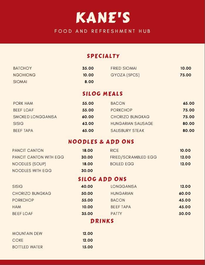 Menu at Kane’s Silogan and Batchoyan restaurant, Talisay City