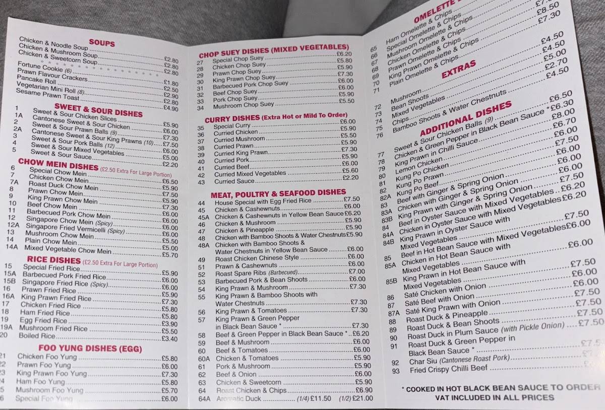 Menu at Kao Wah fast food, Polegate