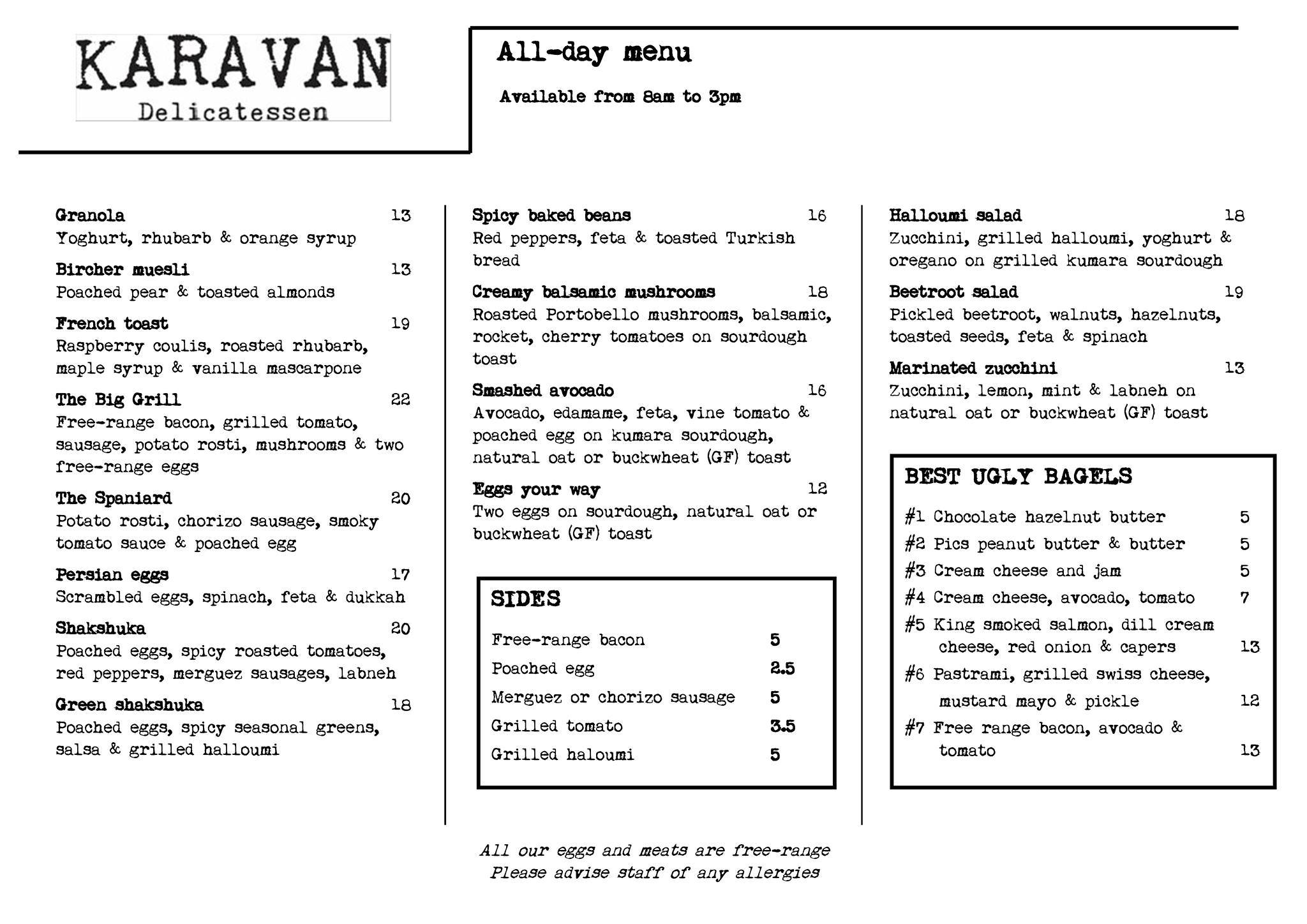 Carta del café Karavan Delicatessen, Auckland