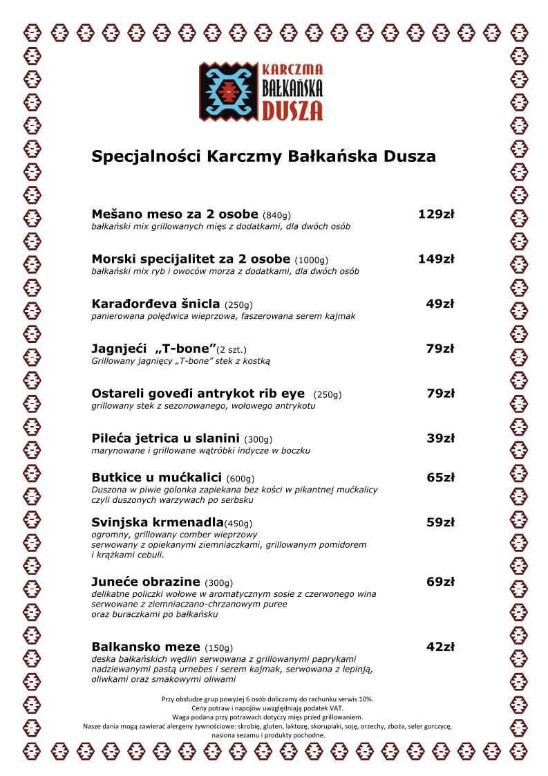 Menu at Karczma Bałkańska Dusza restaurant, Warsaw