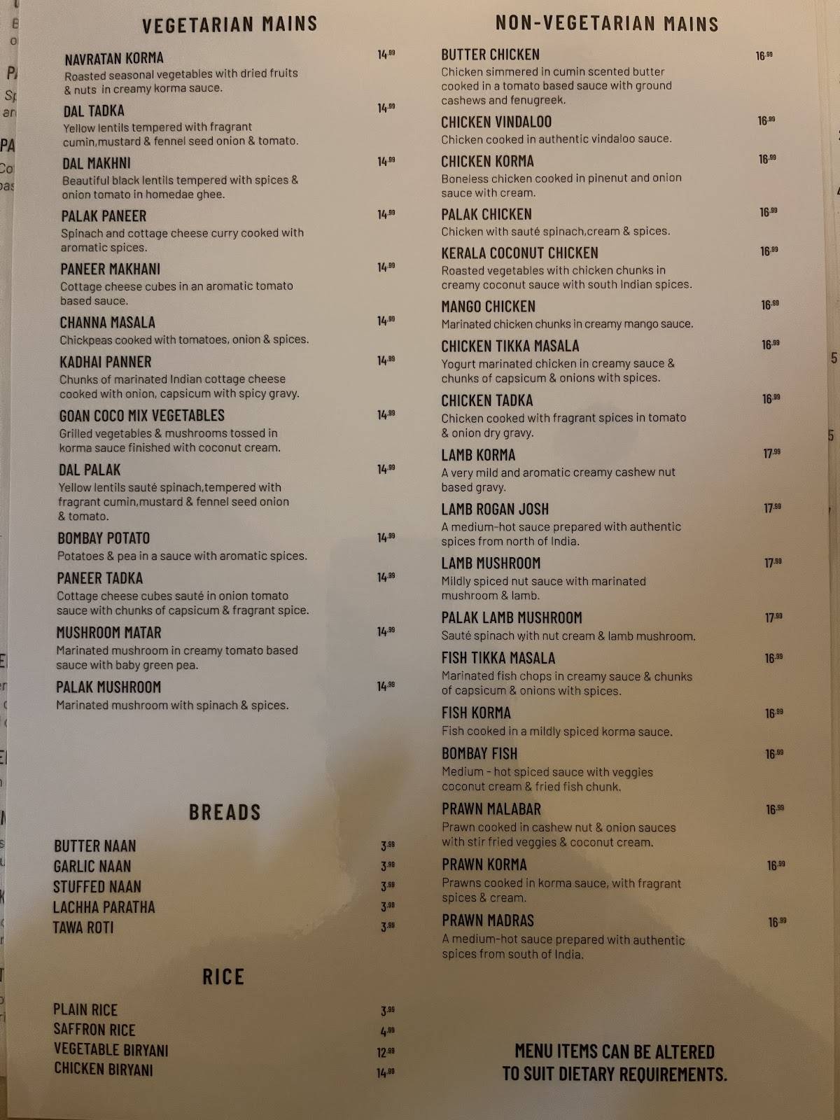 Menu at Karma Indian restaurant, Tweed Heads