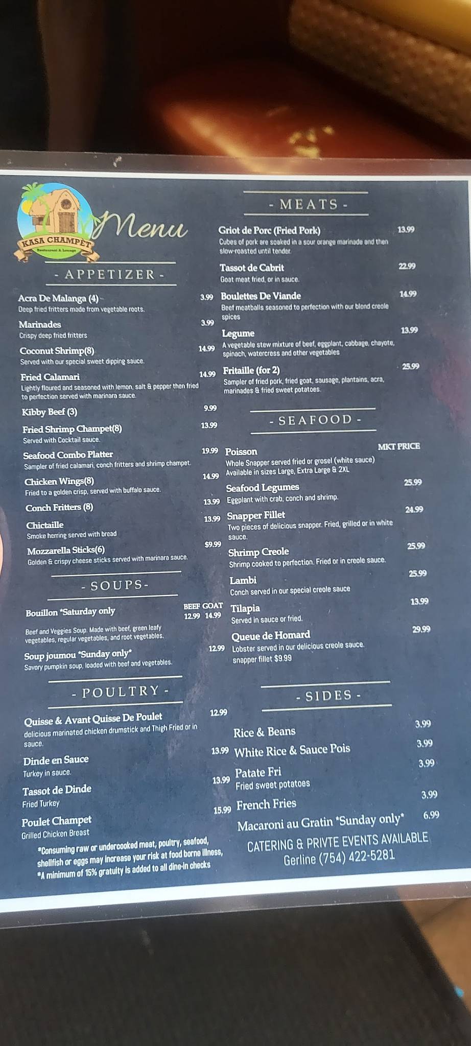 Carta de Kasa Champet Restaurant and Lounge, Pembroke Pines