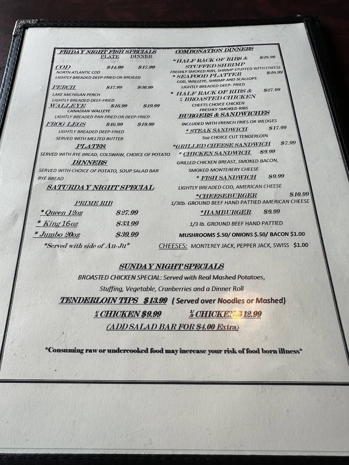 Menu at Kassidy's Studio Lounge restaurant, Shawano