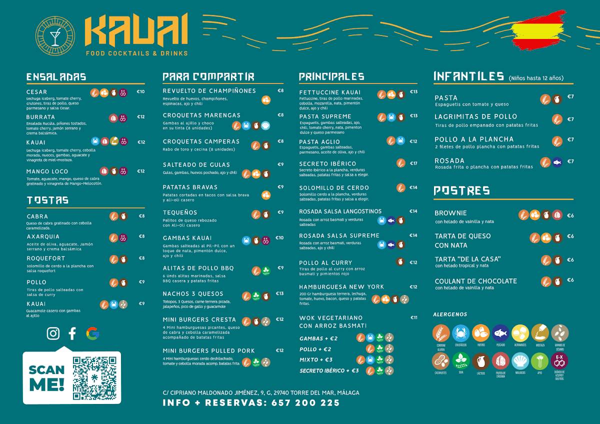 Carta de Kauai Food-Cocktail Bar, Torre del Mar