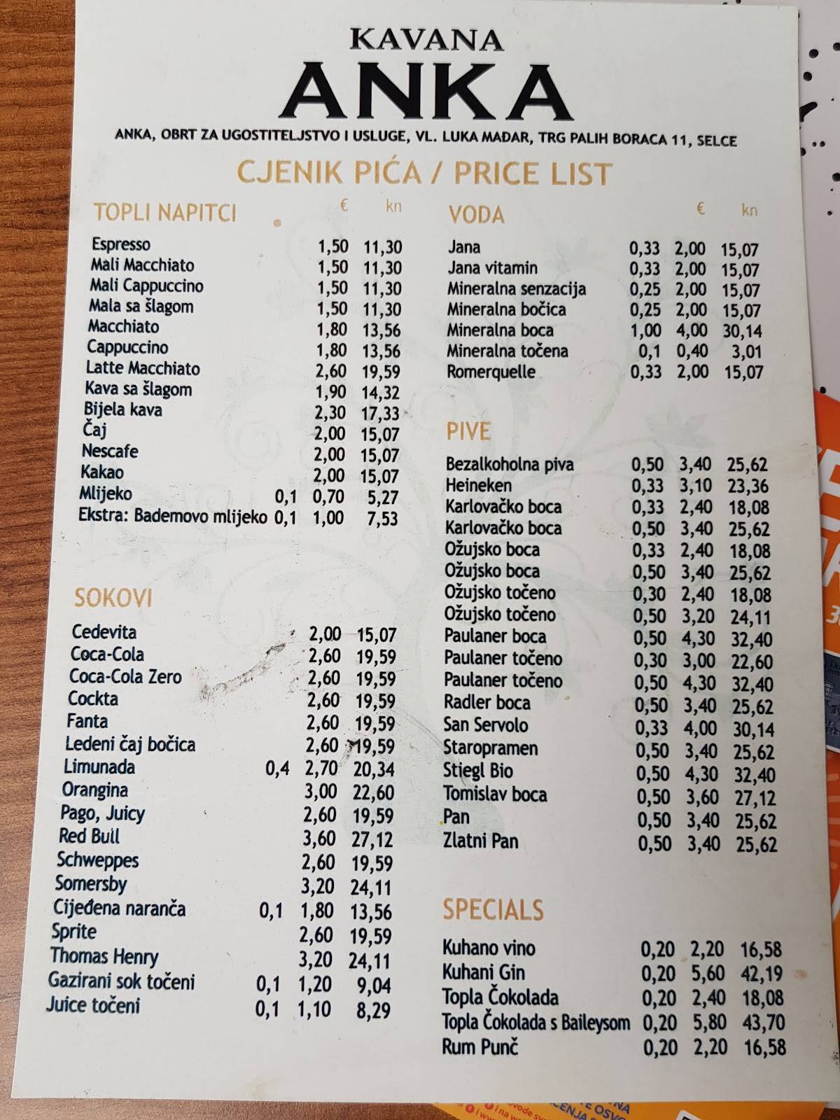 Menu at Kavana Anka pub & bar, Selce