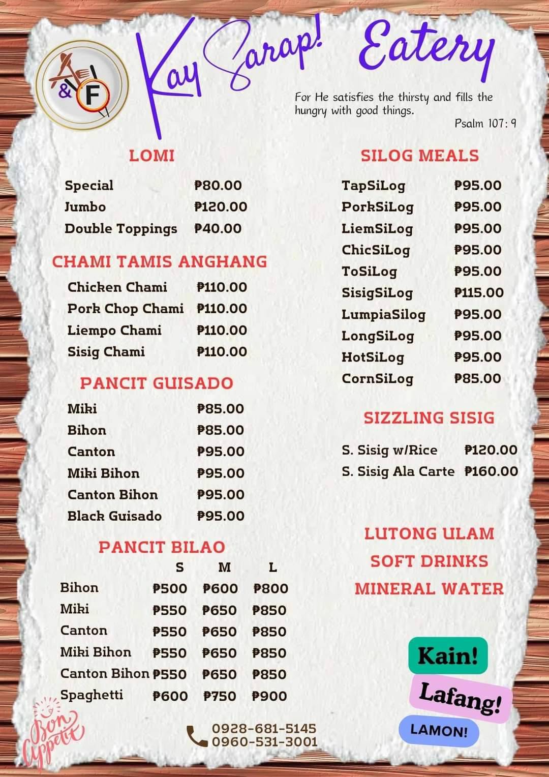 Menu at Kay Sarap Eatery restaurant, Batangas
