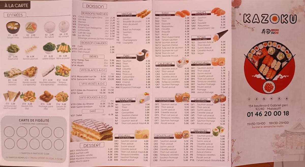 Menu au Kazoku restaurant Malakoff