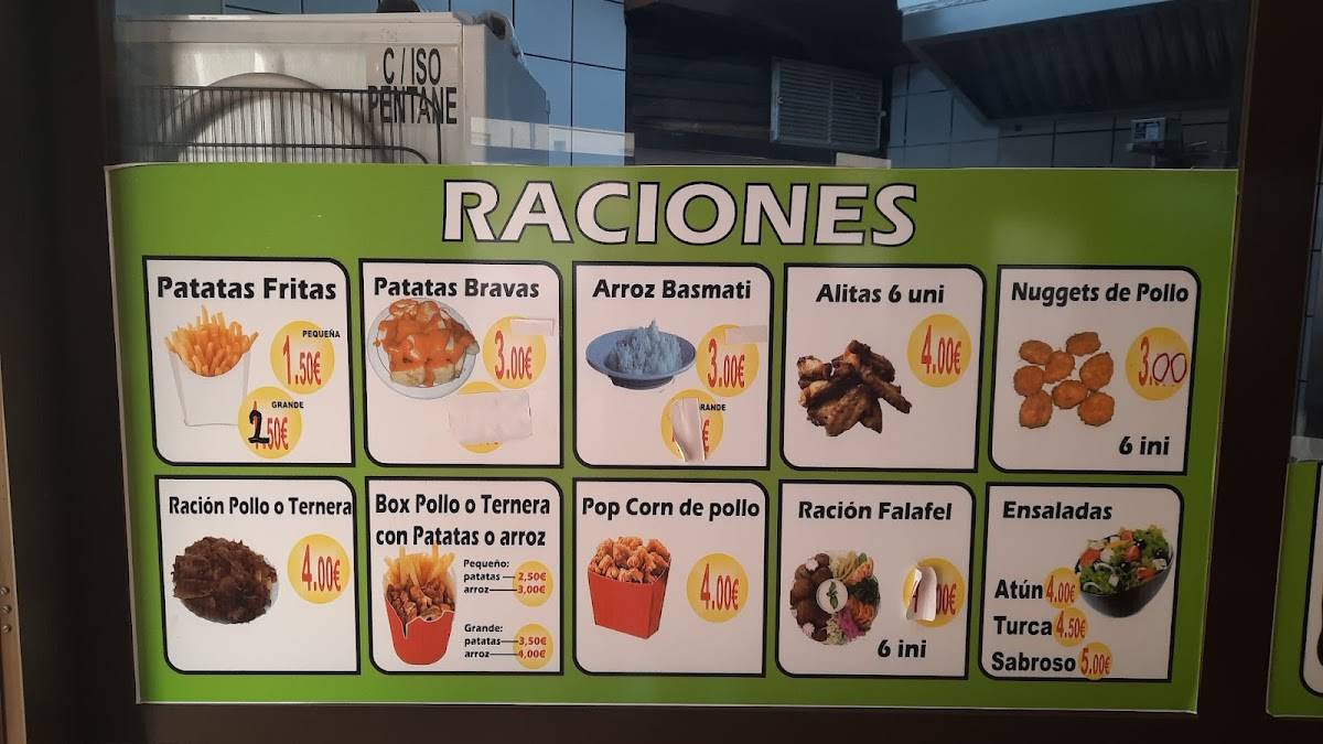 Menu at Sabroso Doner Kebab restaurant, Madrid, C. del Monte Aya