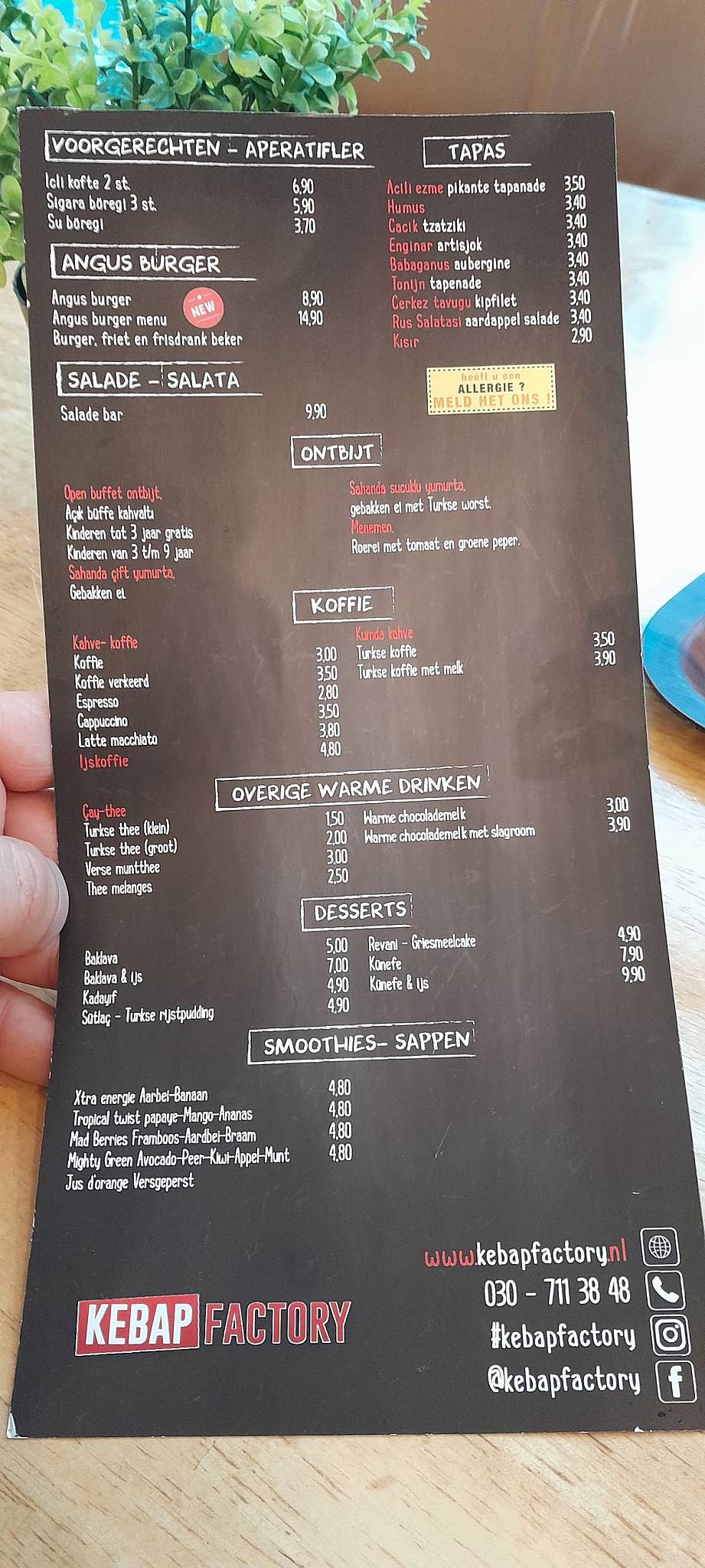 Menu at Kebap Factory, Utrecht
