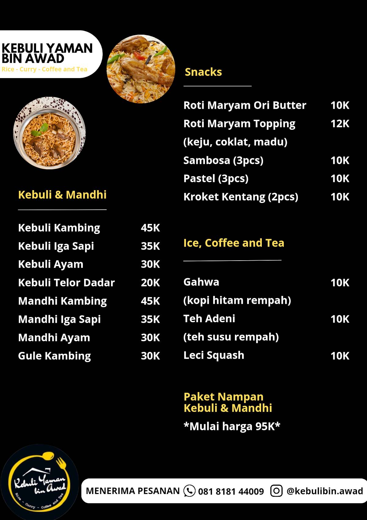 Carta del restaurante Kebuli Yaman bin Awad, Sentul City, Sumur Batu