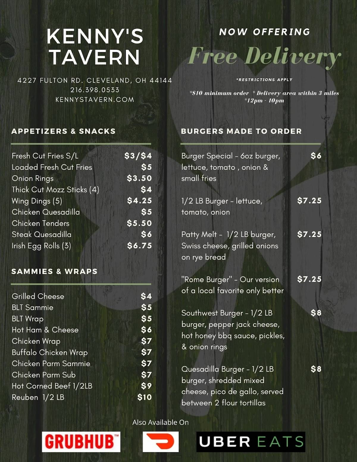 Menu at Kenny's Tavern pub & bar, Cleveland