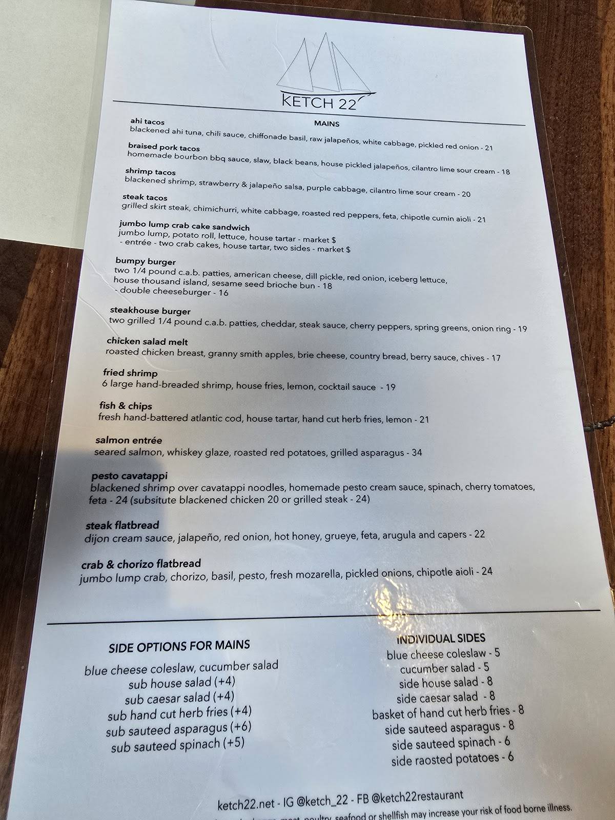 Menu at Ketch 22 restaurant, North Beach