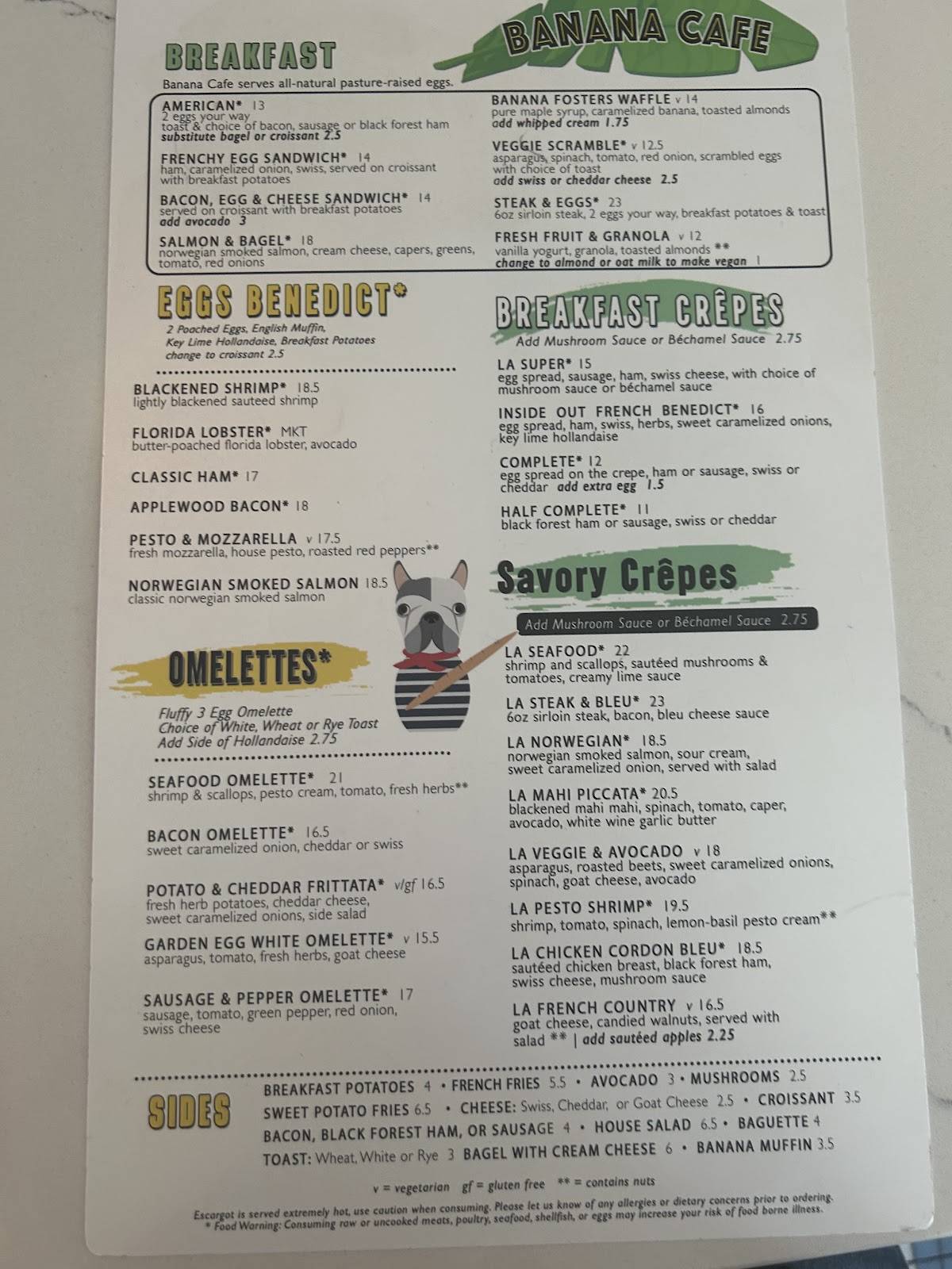 Menu at Banana Cafe, Key West, Duval St