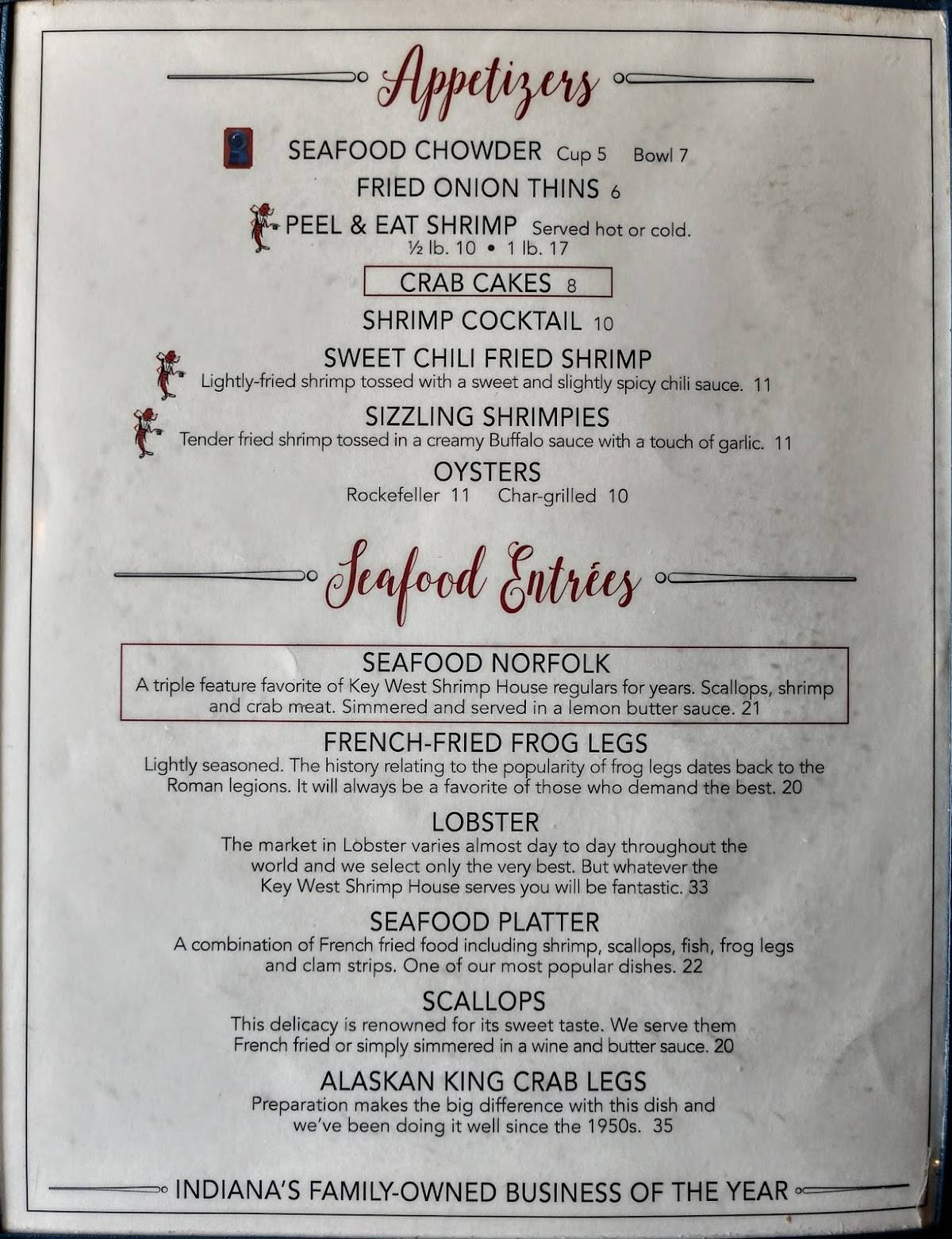 Menu at Key West Shrimp House pub & bar, Madison, 117 Ferry St