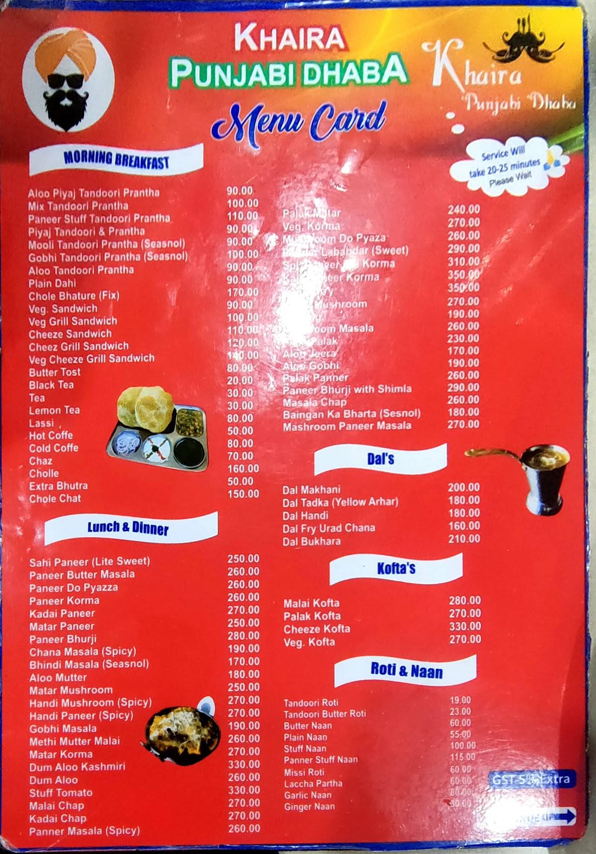 Menu at Khaira Punjabi Dhaba, Doiwala