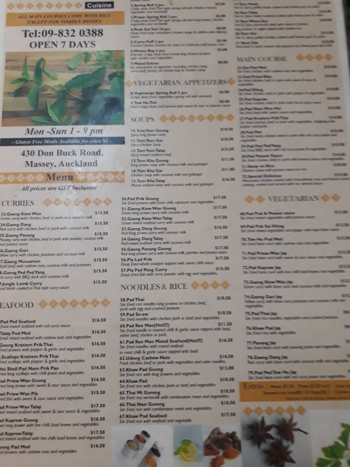 Menu at Khoo Thai Takeaway fast food, Auckland