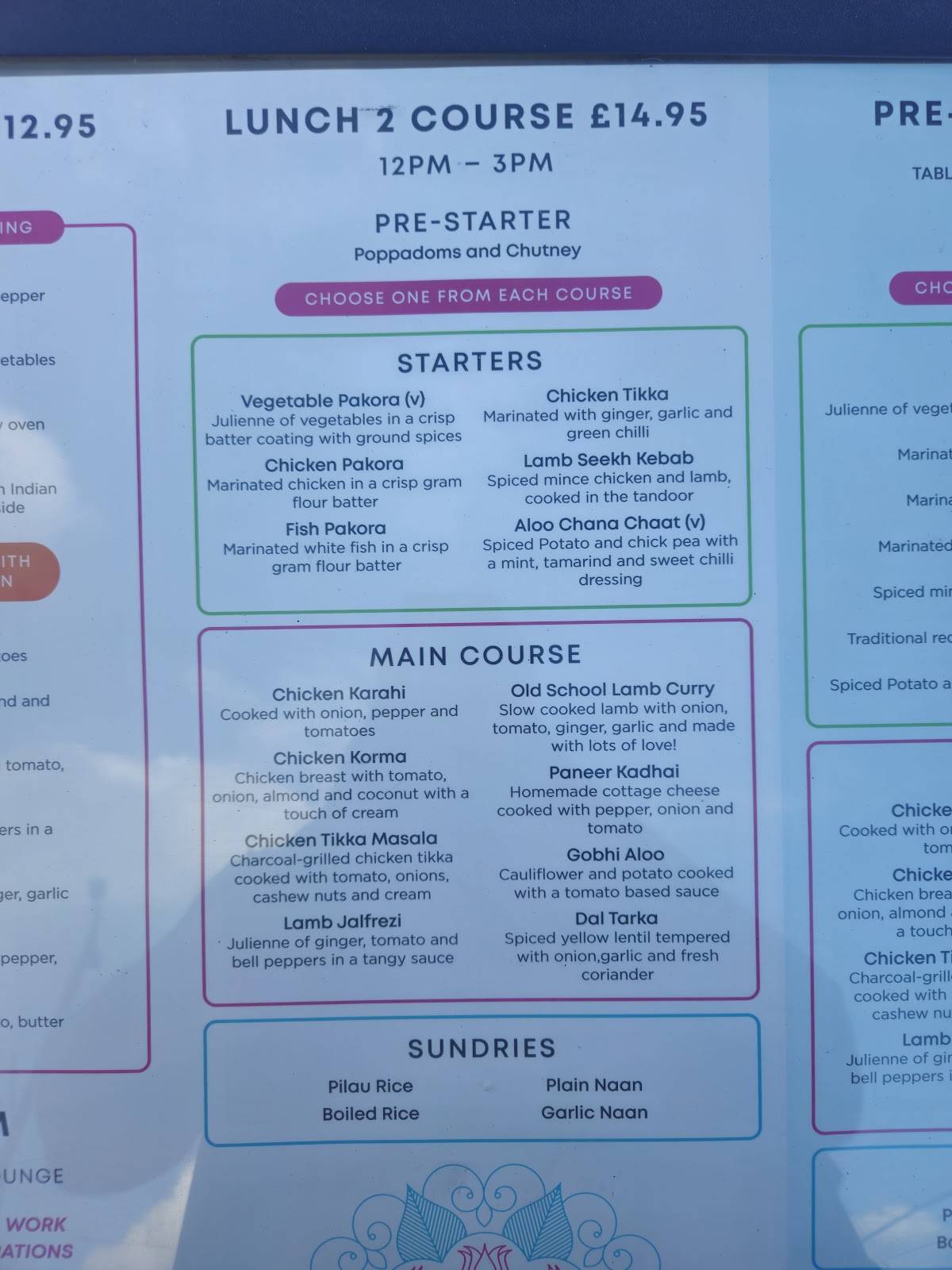 Menu at Khushi's restaurant, Edinburgh