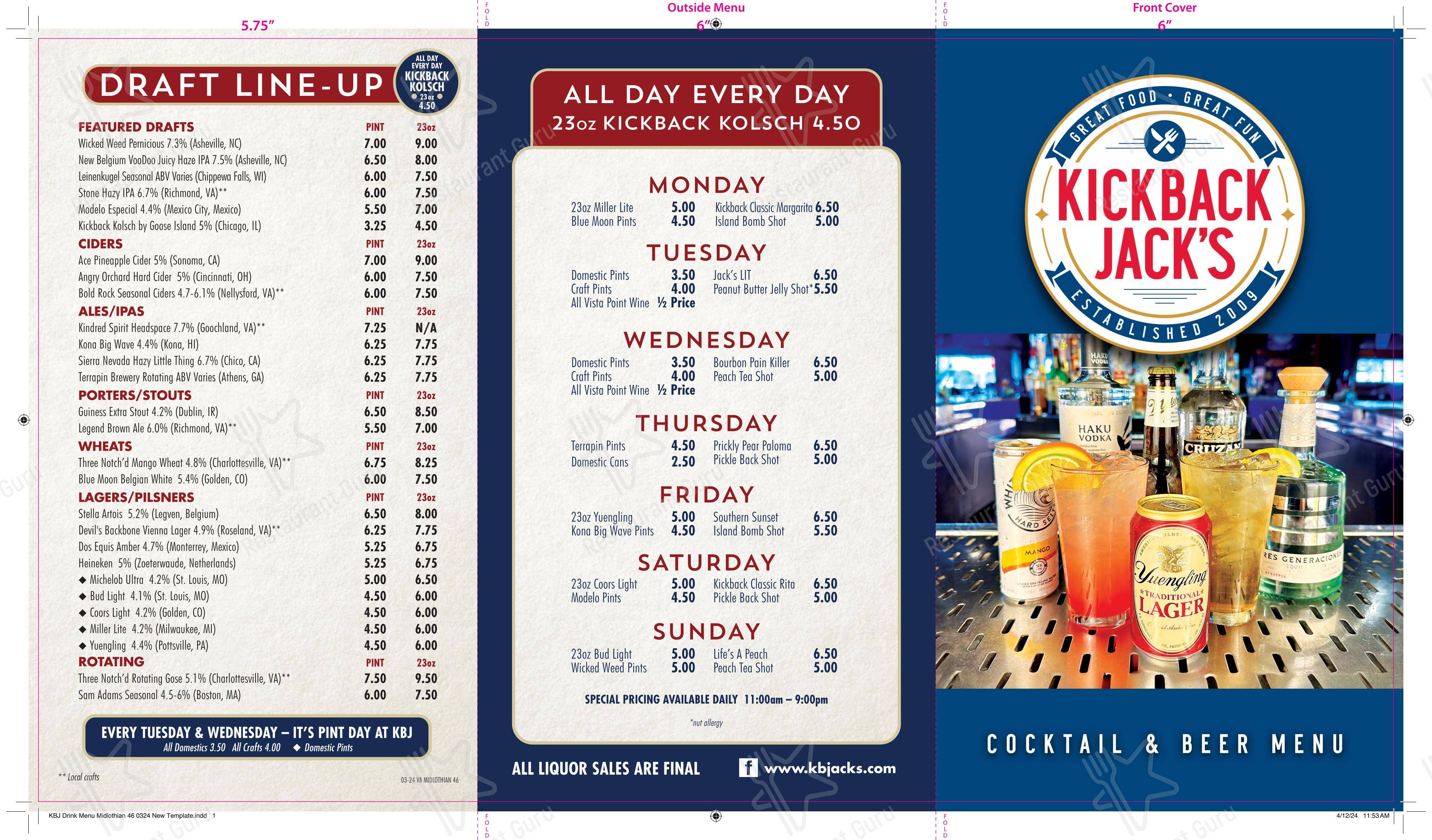 Menu at Kickback Jack's pub & bar, Richmond, Midlothian Tpke