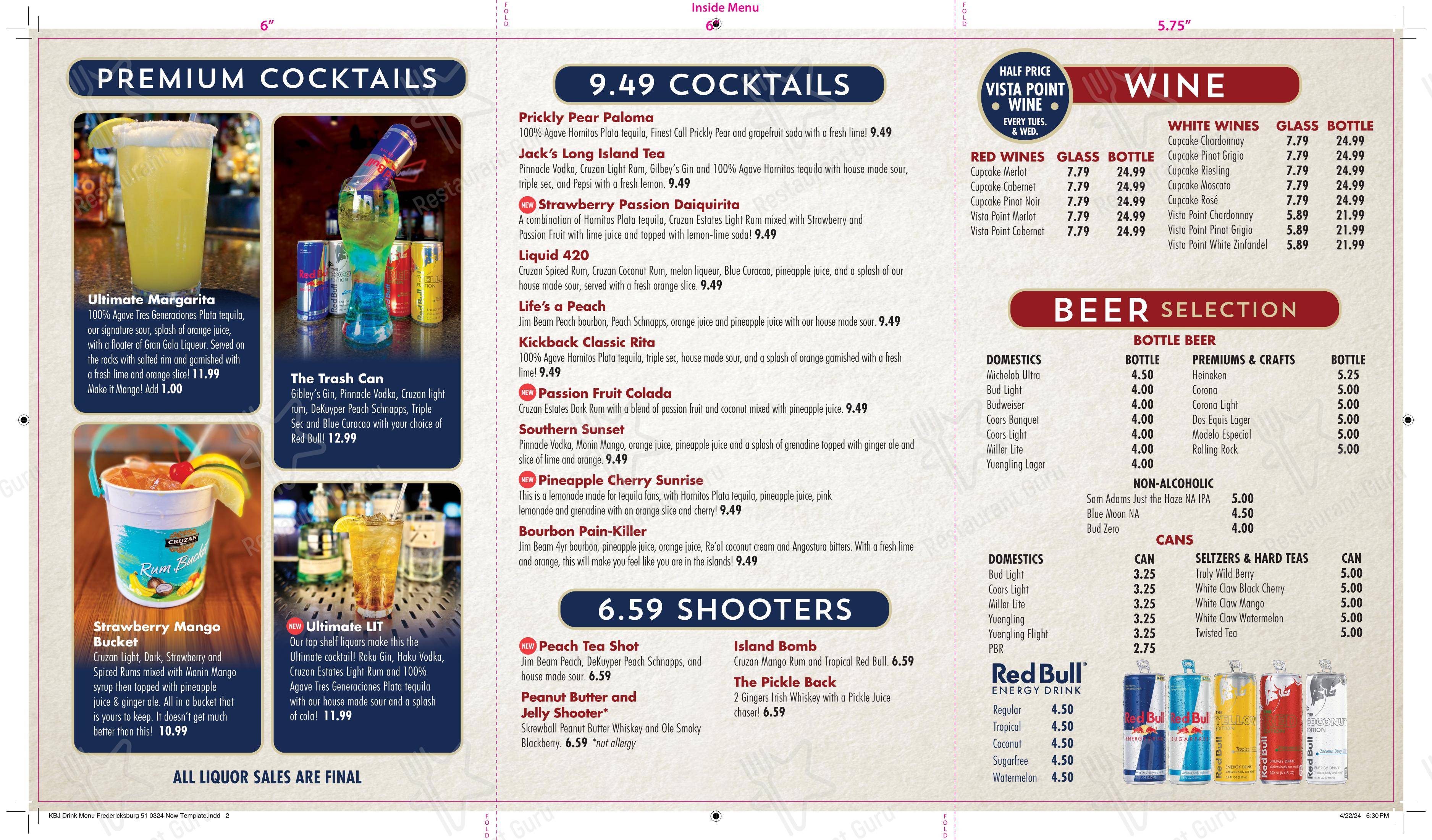 Menu at Kickback Jack's Fredericksburg pub & bar, Fredericksburg
