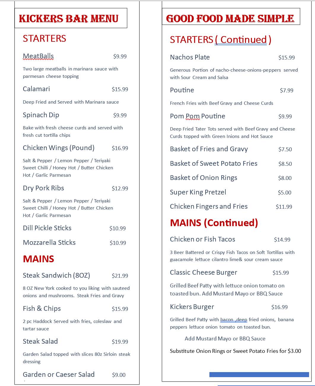 Menu at Kickers Sports Bar & Grill, Turner Valley