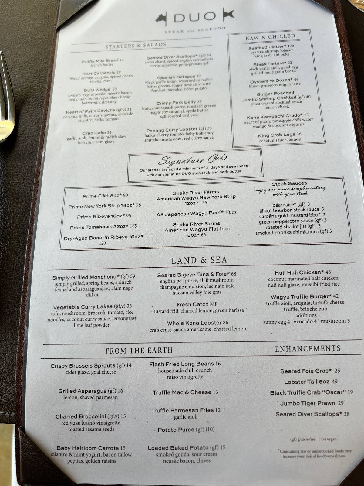 Menu at DUO Steak & Seafood steakhouse, Kihei