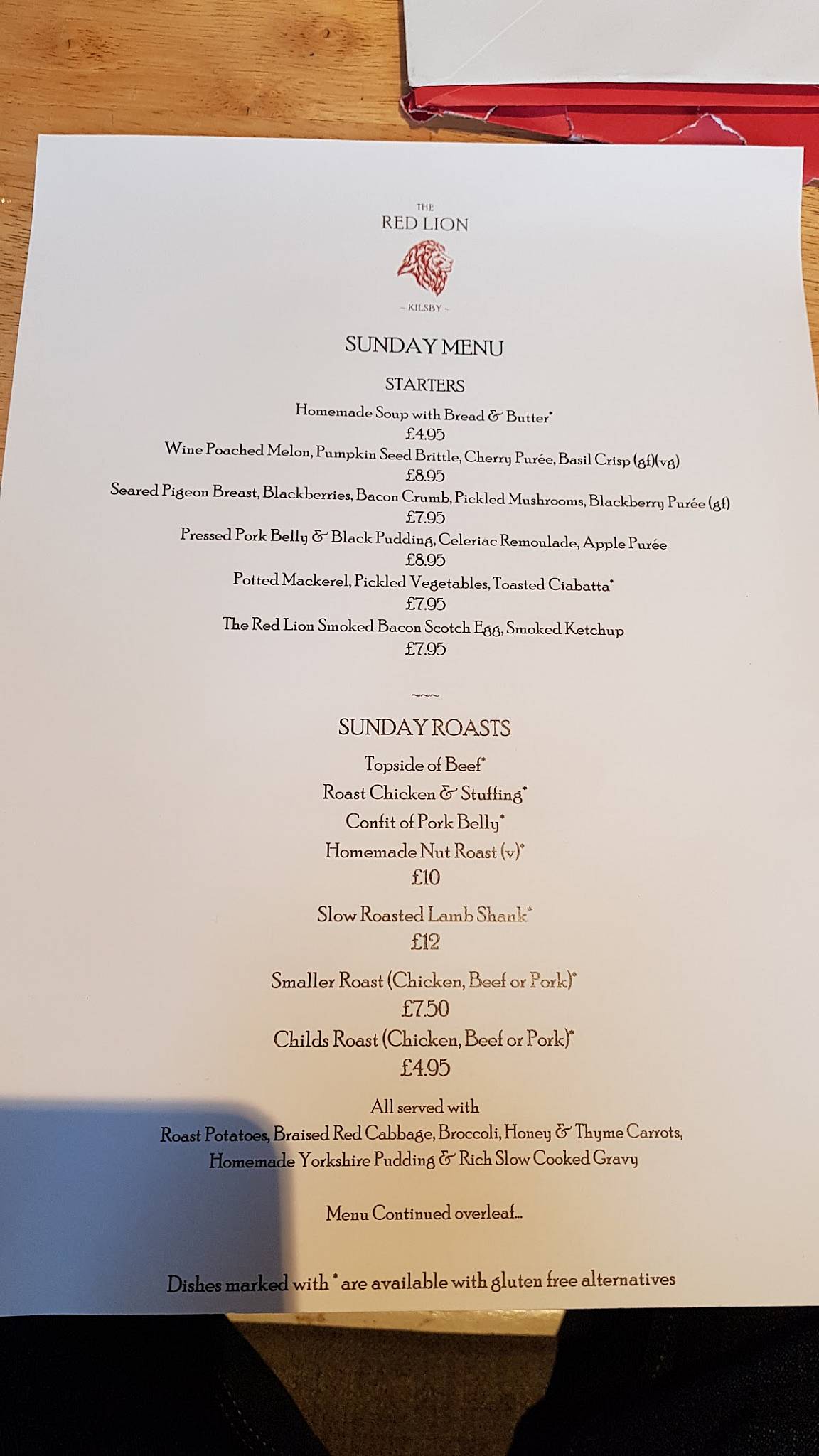 Menu at The Red Lion pub & bar, Kilsby, 26 Main Rd