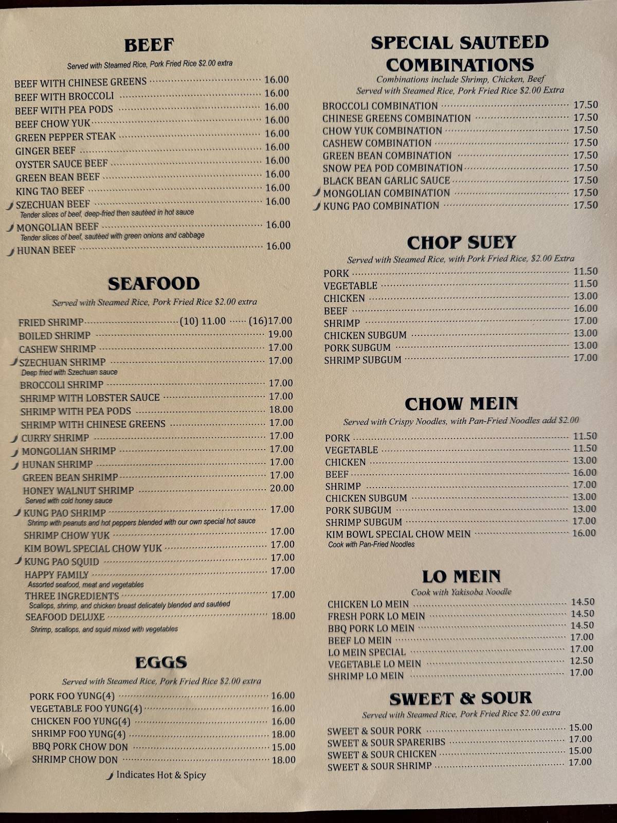 Menu at Kim Bowl Restaurant & Lounge, Longview