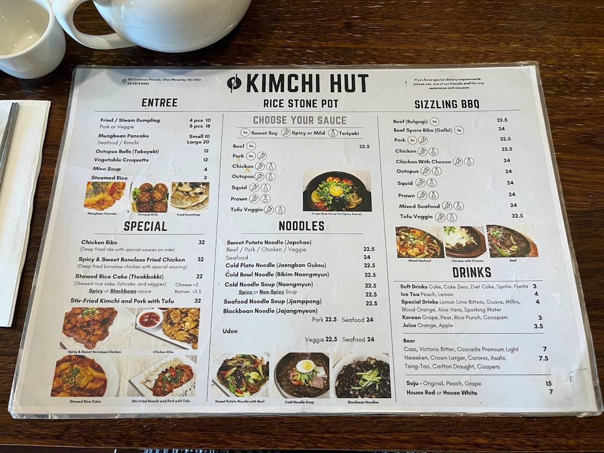 Menu at Kimchi Hut restaurant, Glen Waverley