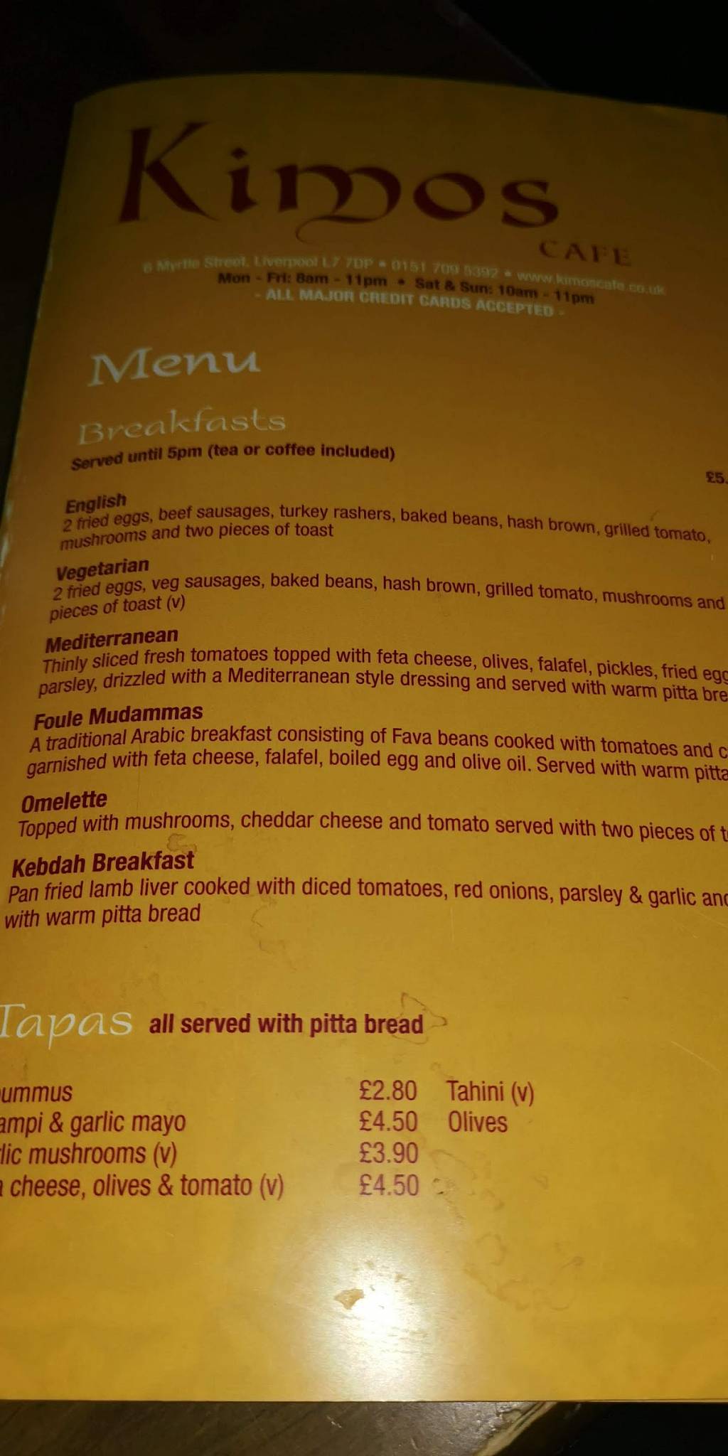 Menu at Kimos Cafe, Liverpool, 6 Myrtle St