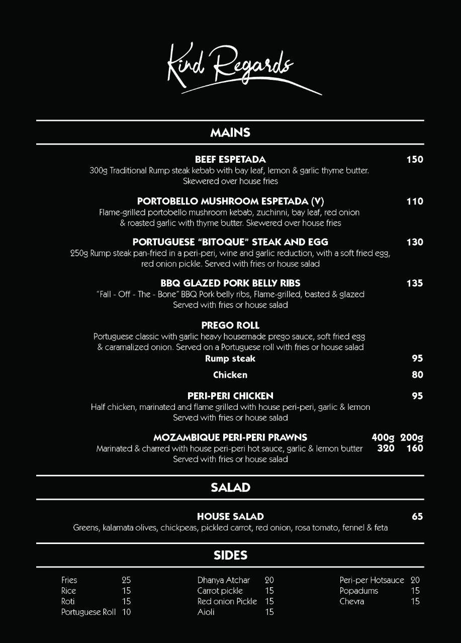Menu at Kind Regards restaurant, Cape Town, 86 Station Rd