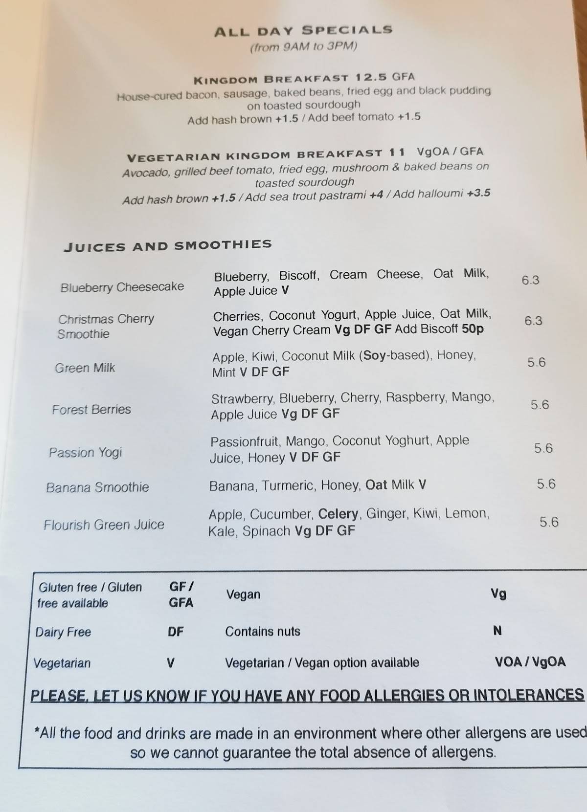 Menu at Kingdom cafe, Penshurst