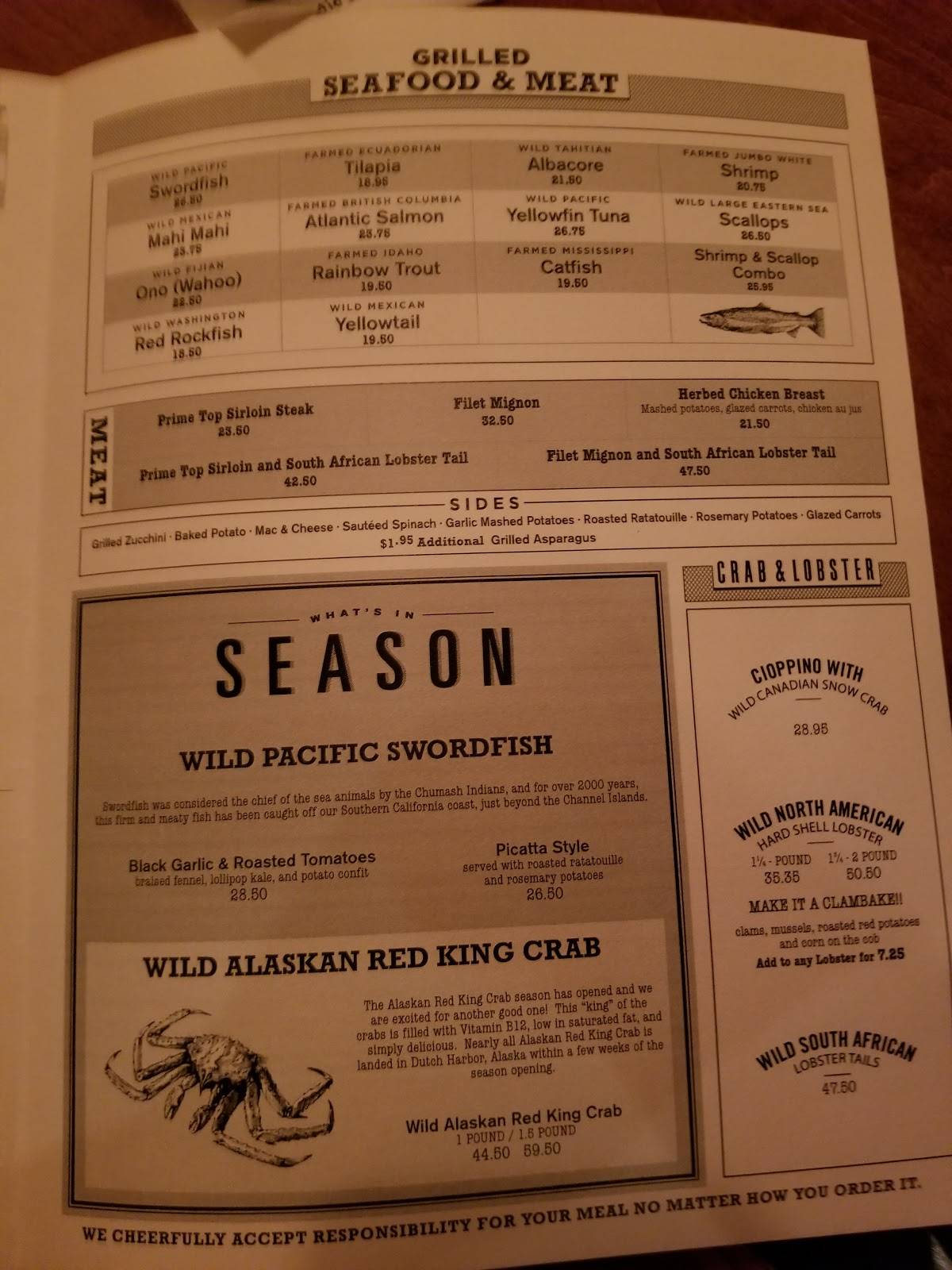 Menu at King's Fish House restaurant, Tempe