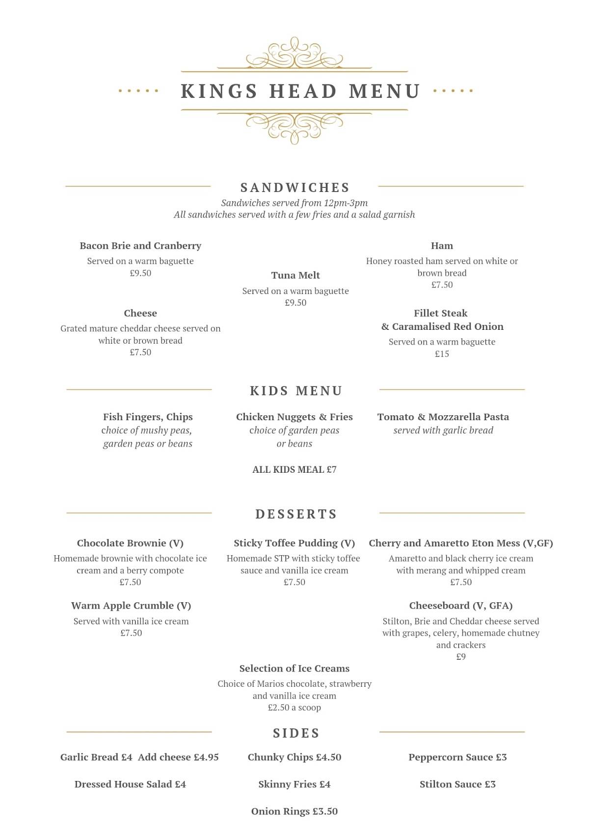 Menu at Kings Head pub & bar, Llandudno