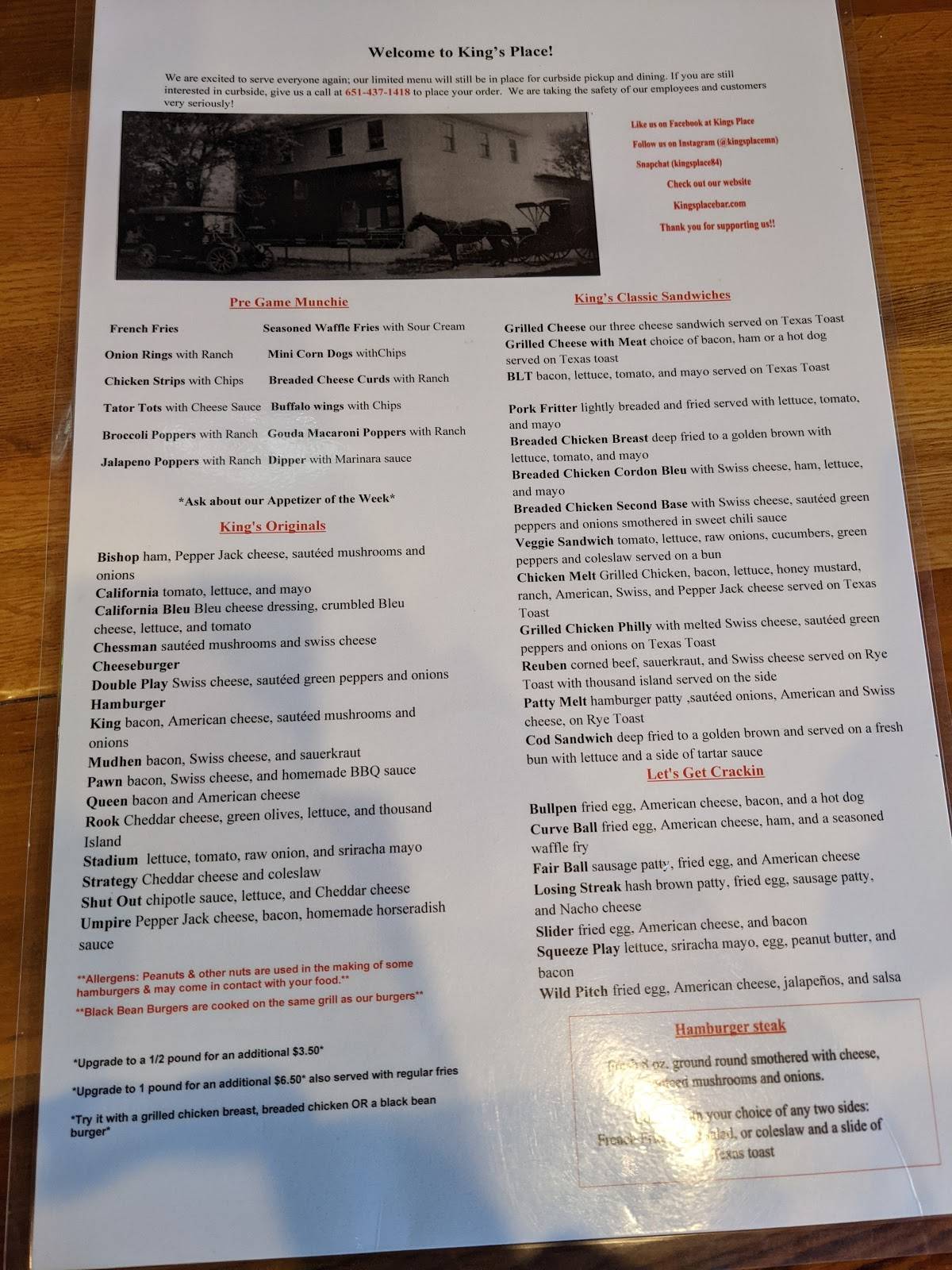 Menu at King's Place Bar and Grill, Miesville