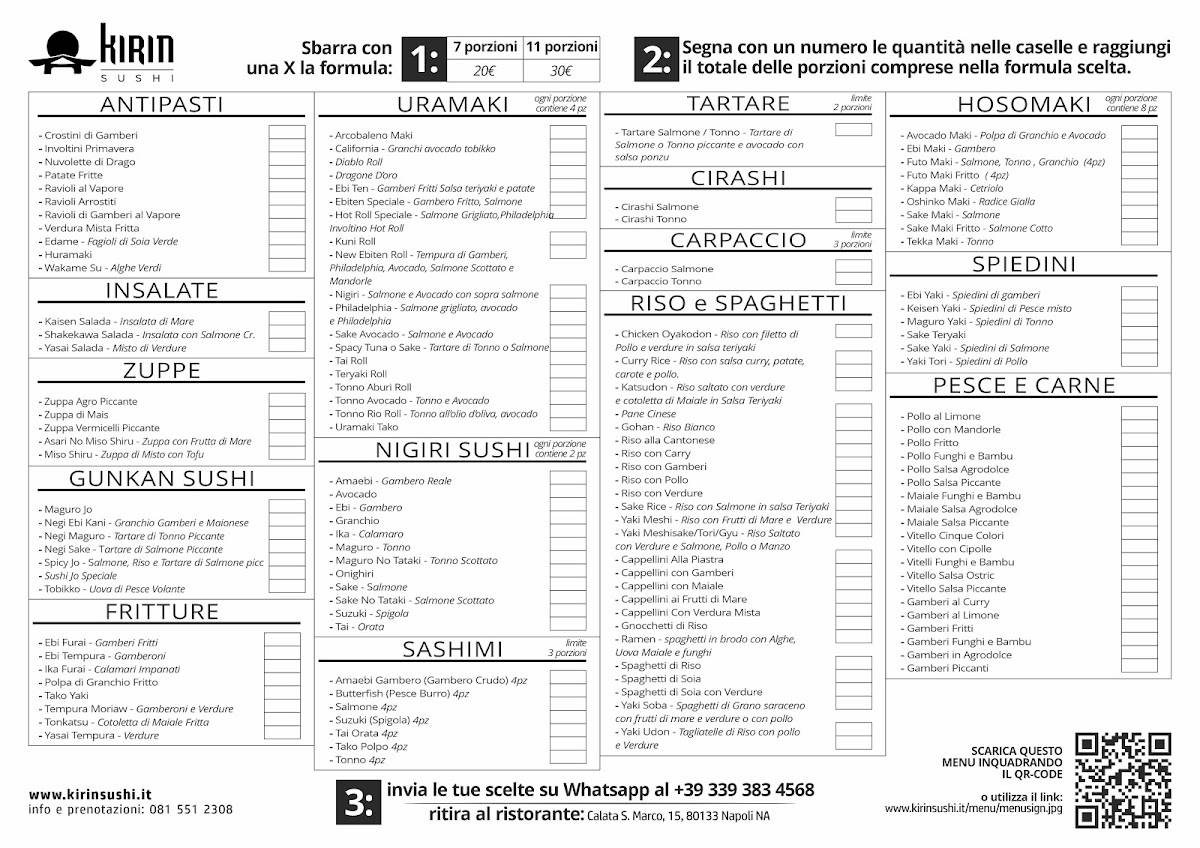 Menu at Kirin Sushi restaurant, Naples