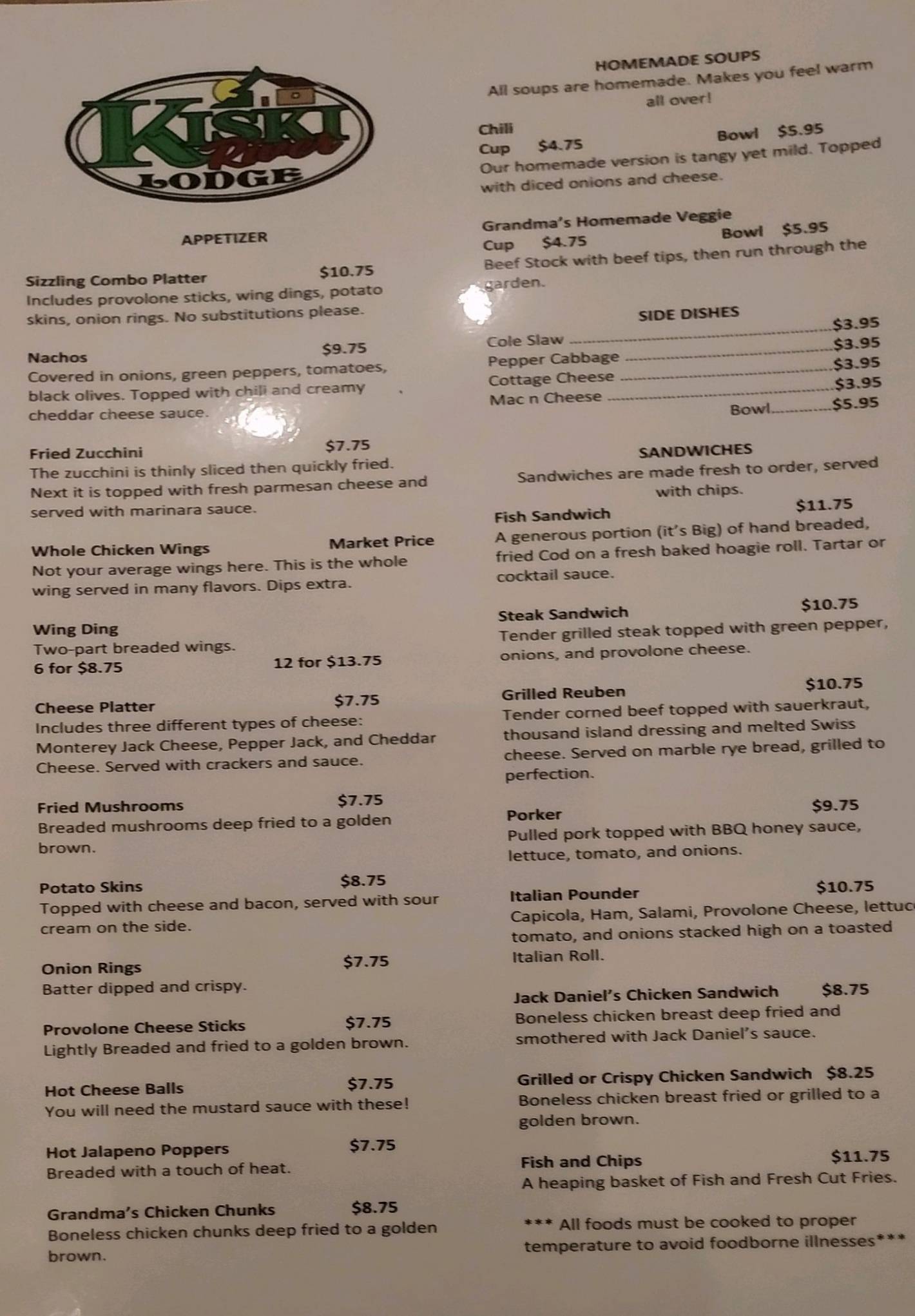 Menu at Kiski River Lodge restaurant, Vandergrift