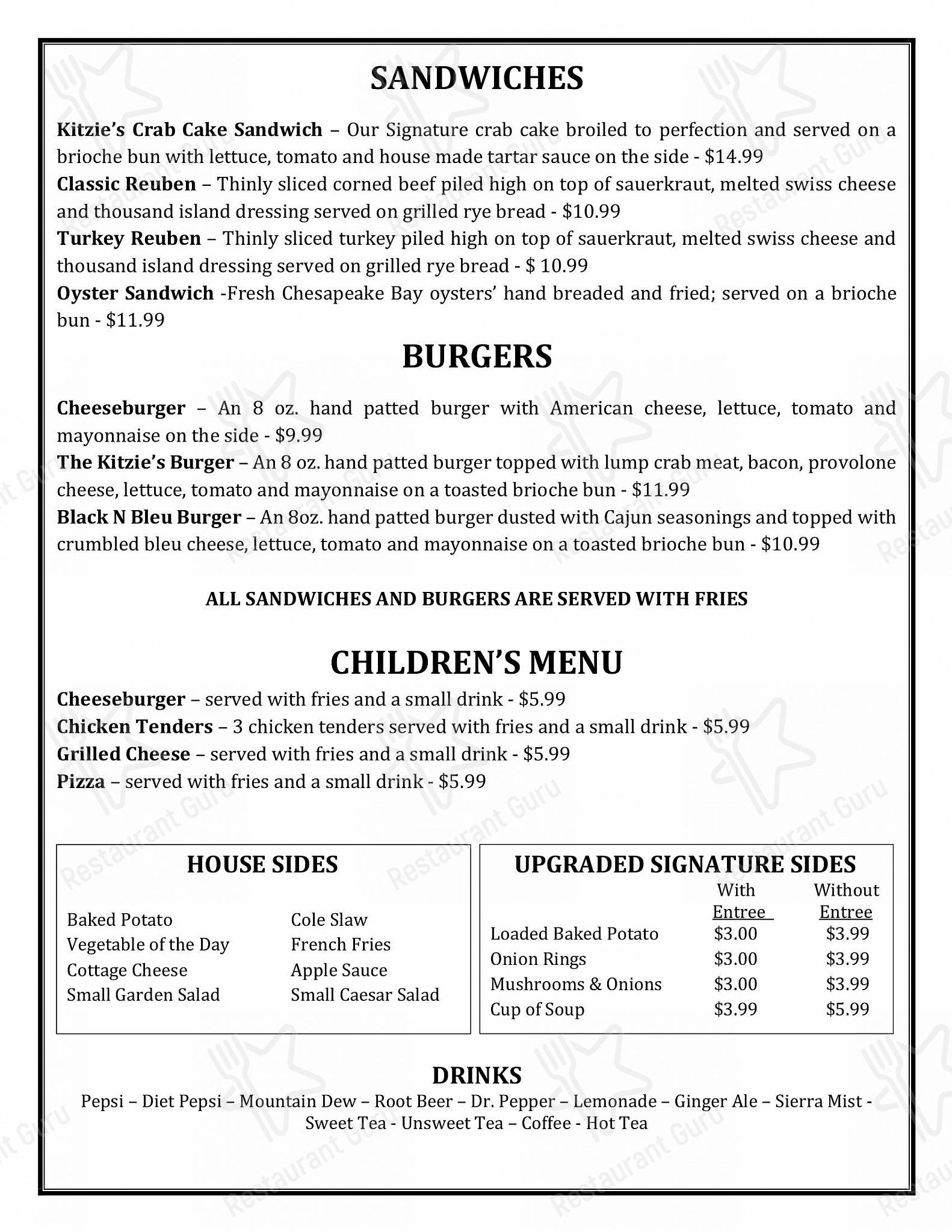Menu at Kitzie's of Spring Mills restaurant, Falling Waters ...