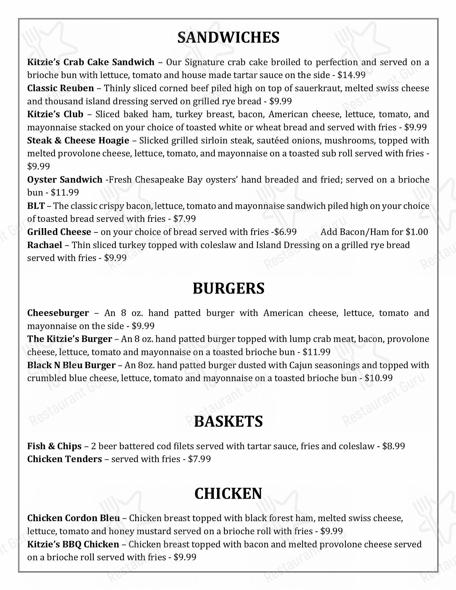 Menu at Kitzie's of Spring Mills restaurant, Falling Waters ...