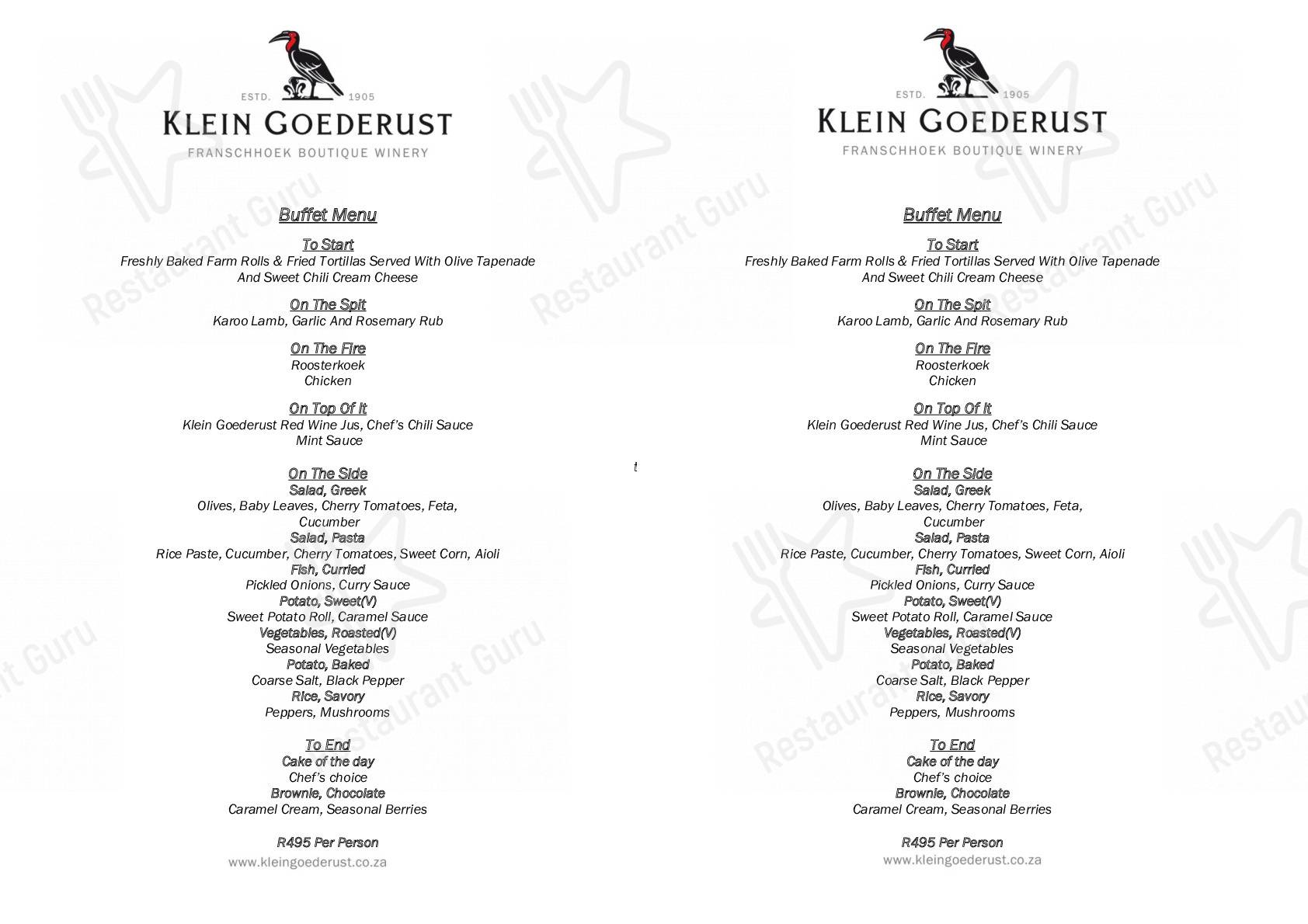 Menu at Klein Goederust Boutique Wine Estate pub & bar, Franschhoek